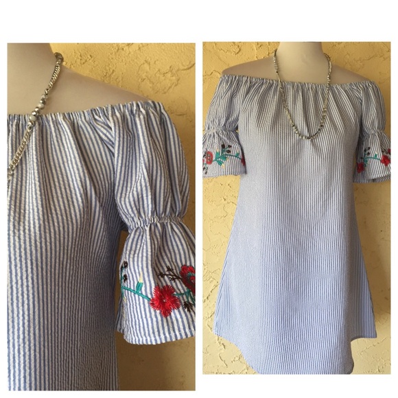 Love Notes | Dresses | Love Notes Seersucker Offtheshoulder Embroidered ...